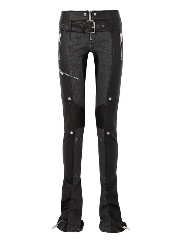 Versace Belted Leather And Denim Flared Pants - Black