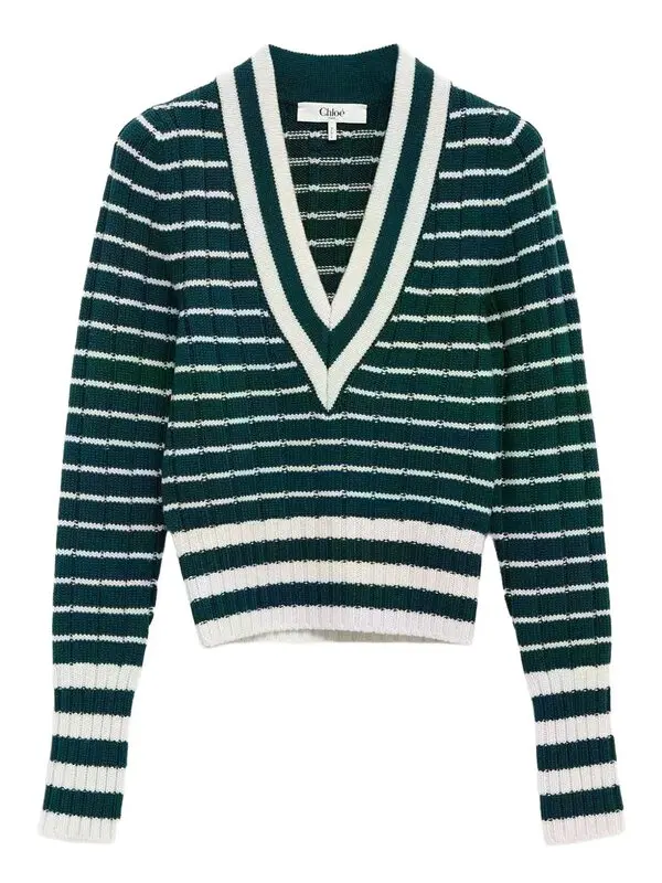Chloé Striped V-neck Sweater - Green