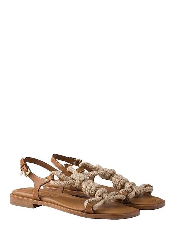 Prada Flat Leather And Cord Sandals - Brown