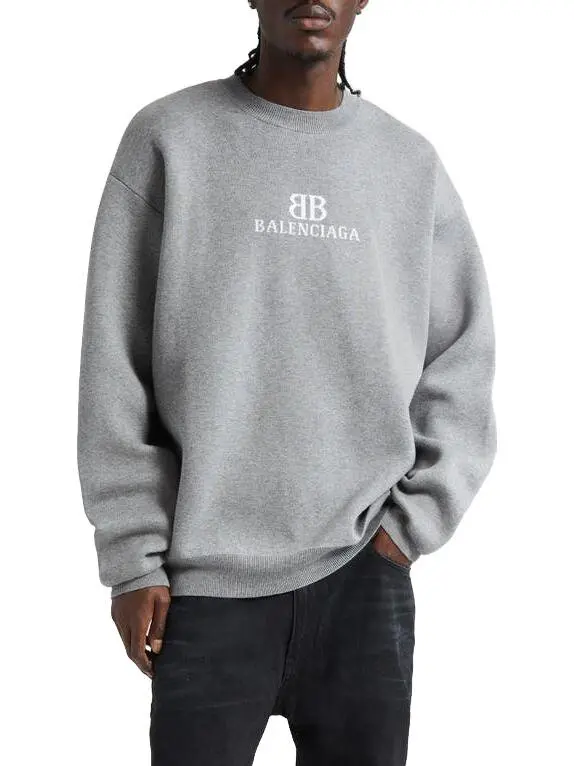 Balenciaga Bb Logo Jacquard Crewneck Sweater - Heather Grey/ White