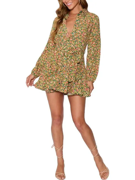 VICI Floral Long Sleeve Shirt Dress - Green/ Pink Multi