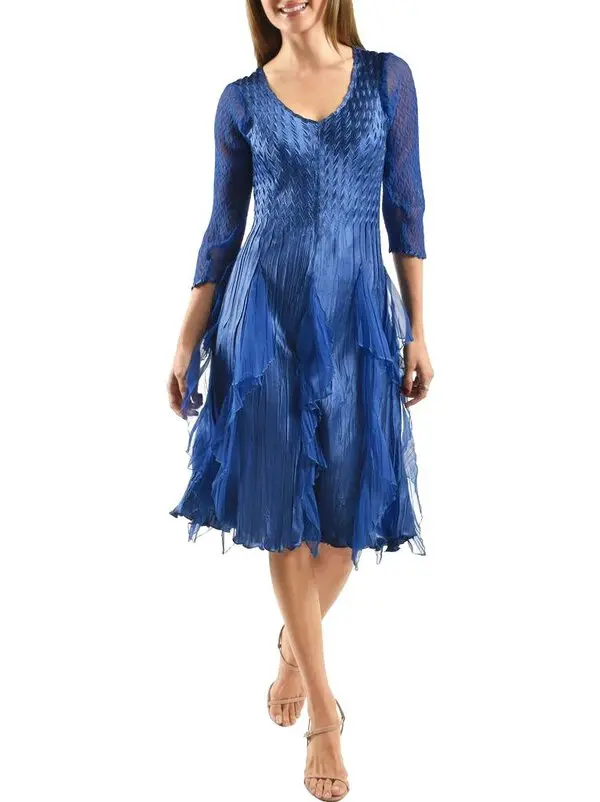Komarov Ruffle Charmeuse & Chiffon Cocktail Dress - Navy