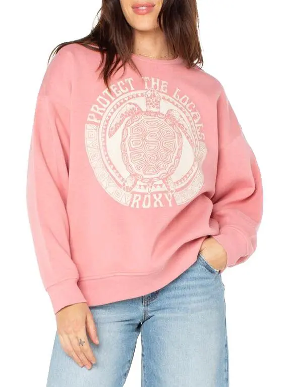 Roxy Oversize Graphic Fleece Sweatshirt - Mauve Glow Protect The Locals