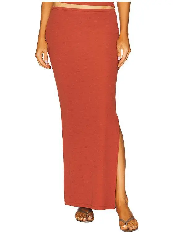 Lna Ribbed Maxi Skirt With Side Slits - Brick