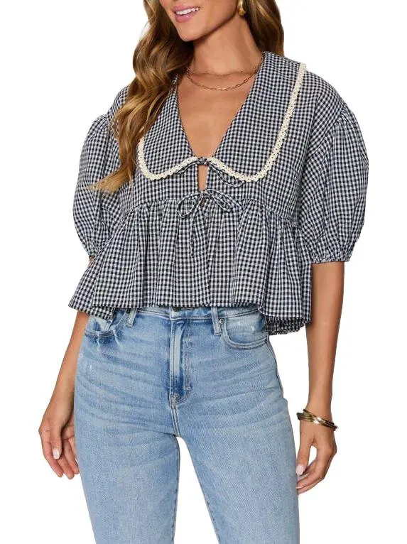 VICI Gingham Babydoll Crop Top - Black/ Cream