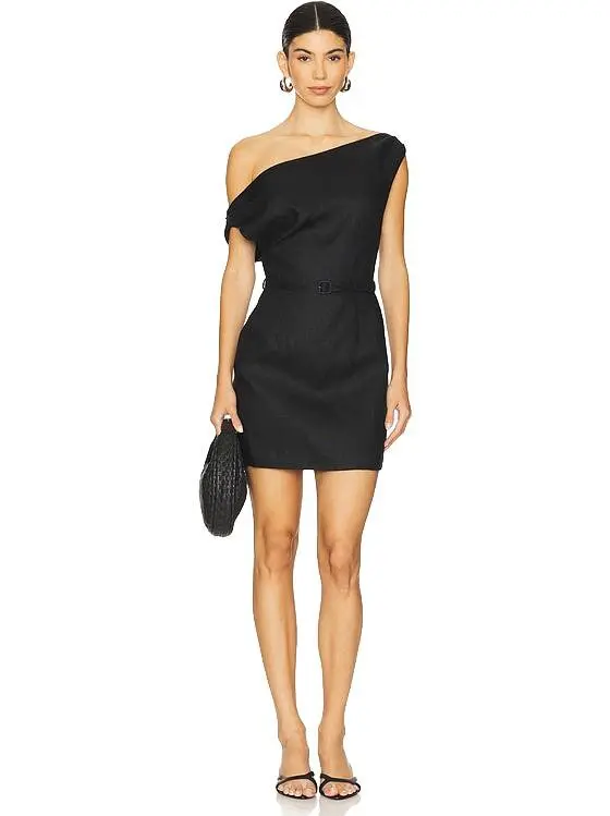 SANS FAFF Linen Off The Shoulder Mini Dress With Belt - Black