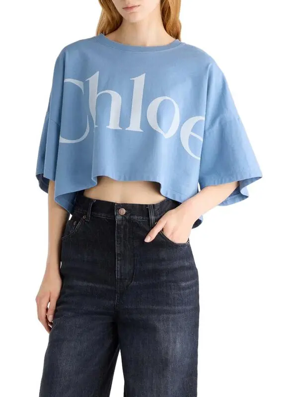 Chloé Oversized Cropped T-shirt With Logo - Airy Blue