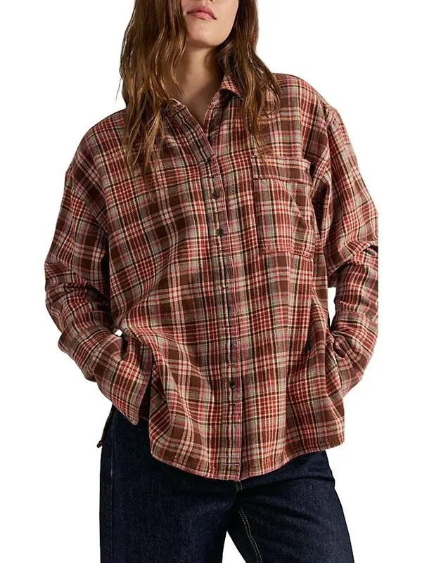 Free People We The Free Ashley Plaid Shirt - Cocoa Combo
