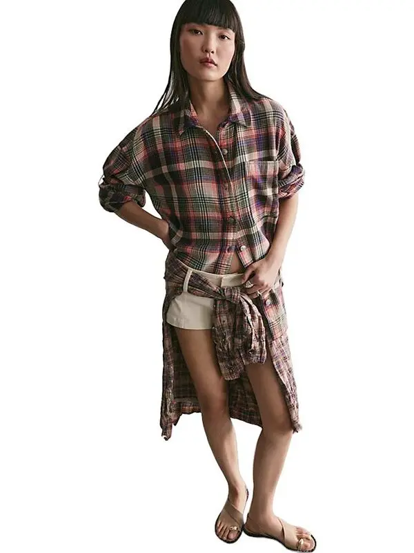 Free People We The Free Ashley Plaid Cotton Flannel Shirt - Meadow Combo
