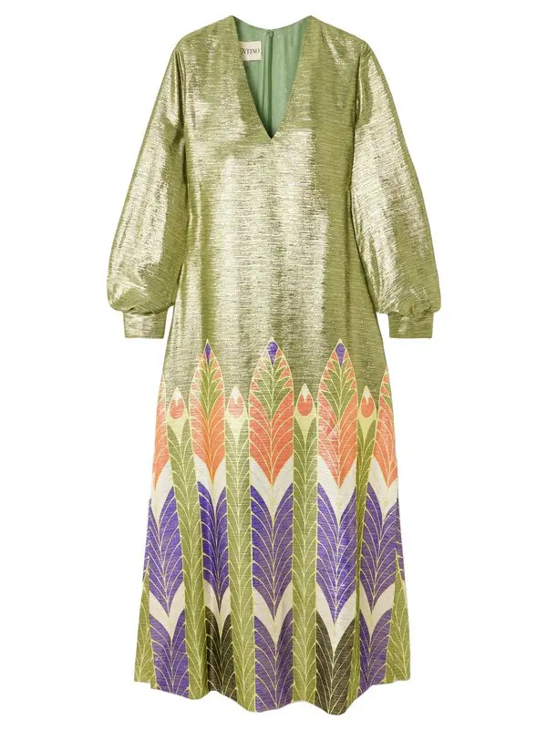Valentino Garavani Printed Metallic Silk-blend Midi Dress - Green