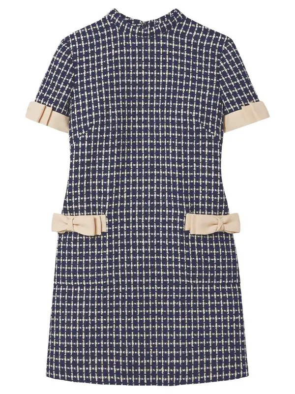 Valentino Garavani Bow-embellished Checked Wool-blend Bouclé Mini Dress - Blue