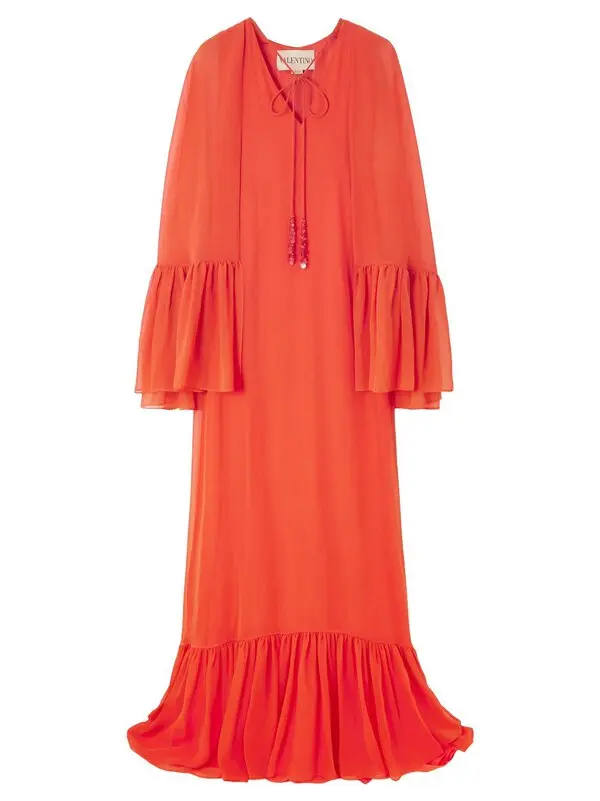 Valentino Garavani Cape-effect Ruffled Silk-georgette Gown - Orange