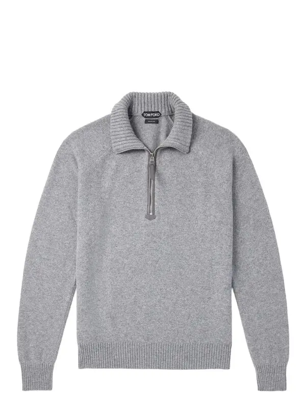 TOM FORD Leather-trimmed Wool And Cashmere-blend Half-zip Rollneck Sweater - Gray
