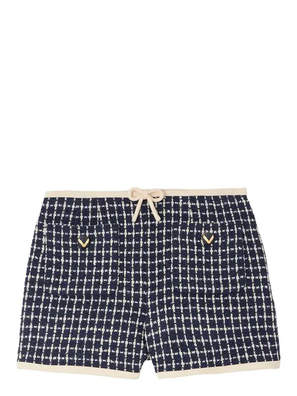 Valentino Garavani Button-embellished Checked Wool-blend Bouclé Shorts - Blue