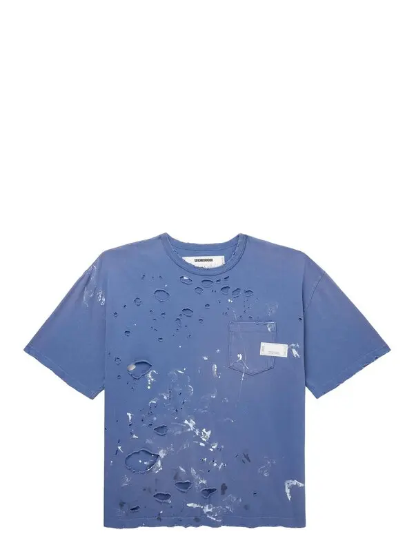 NEIGHBORHOOD Savage Distressed Paint-splattered Cotton-jersey T-shirt - Blue