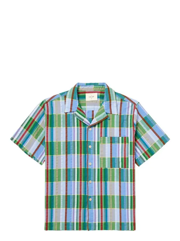 Folk Anniversary Convertible-collar Checked Cotton-seersucker Shirt - Blue