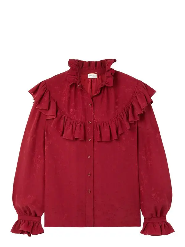 Saint Laurent Floral Silk-jacquard Ruffled Blouse - Red