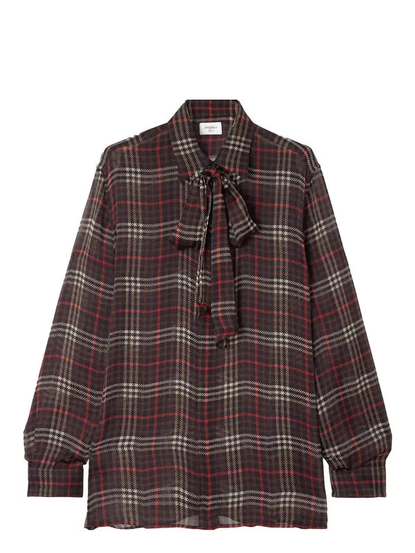 Saint Laurent Pussy-bow Checked Silk-chiffon Shirt - Burgundy