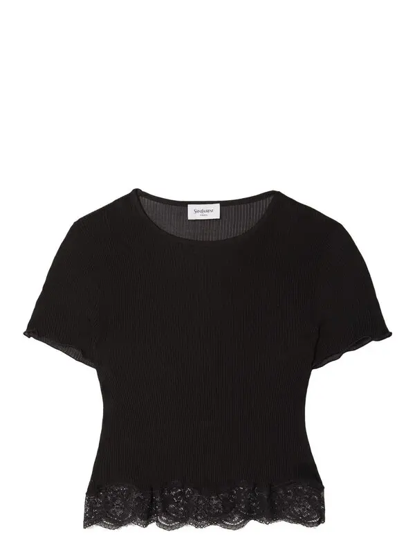 Saint Laurent Cropped Lace-trimmed Ribbed Silk Top - Black