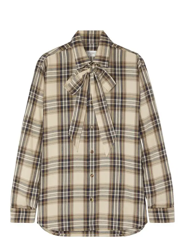Saint Laurent Pussy-bow Checked Cotton-blend Shirt - Neutrals