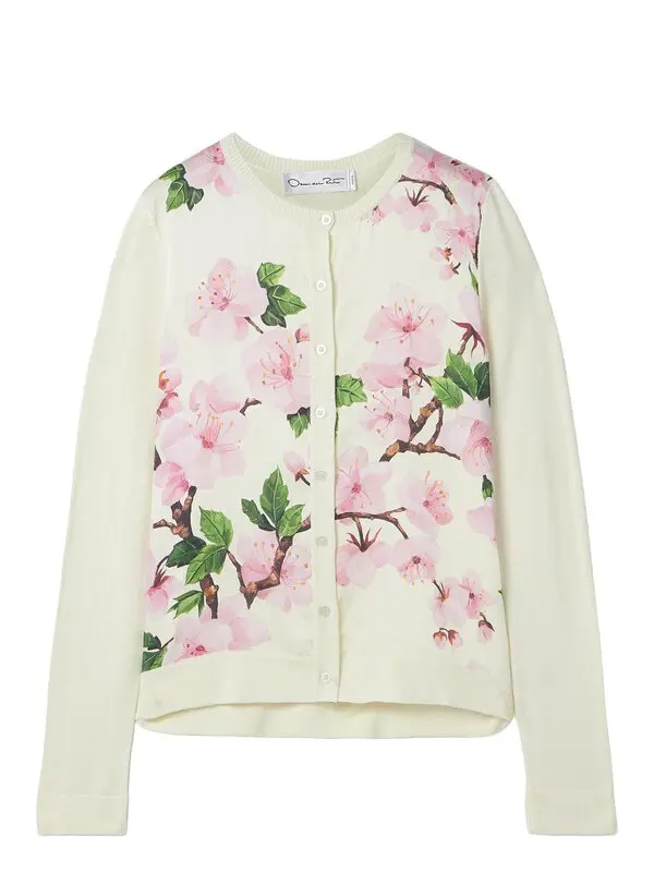 Oscar De La Renta Paneled Knitted Floral-print Cardigan - Ecru