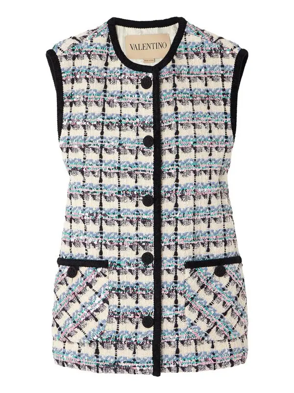Valentino Garavani Sequined Checked Tweed Gilet - Cream