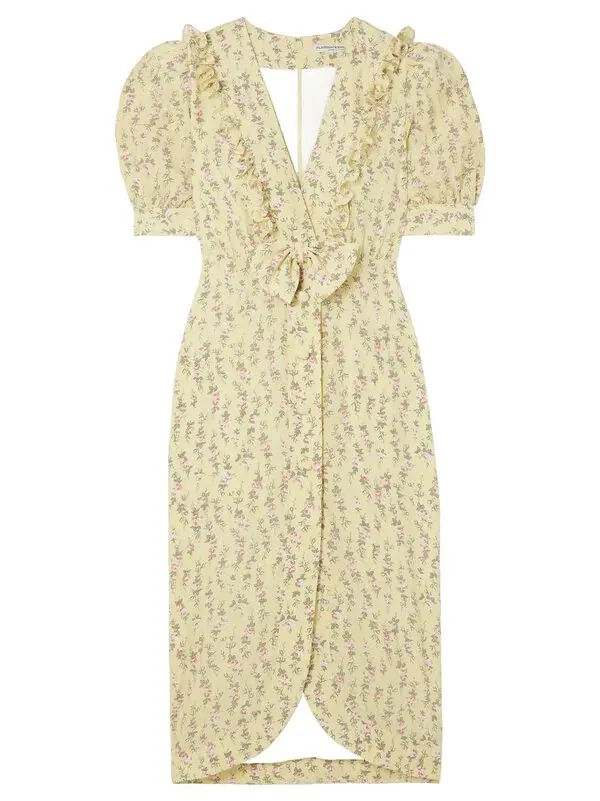 Alessandra Rich Garden Party Bow-detailed Floral-print Silk Crepe De Chine Midi Dress - Yellow