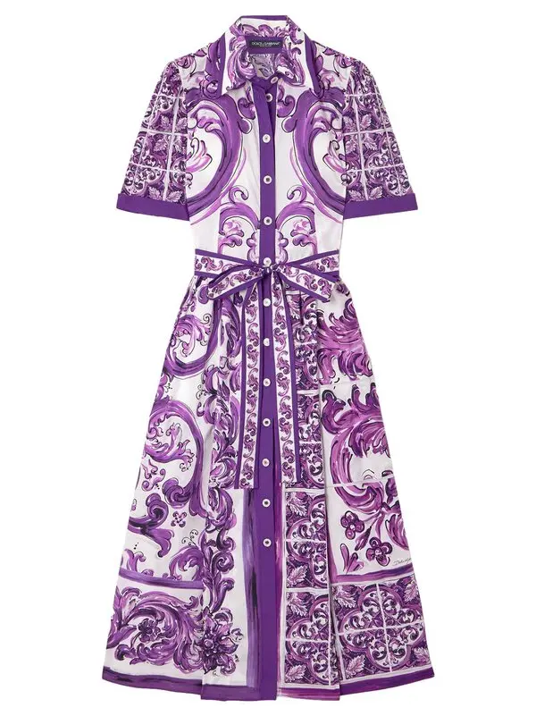 Dolce & Gabbana Belted Printed Cotton-poplin Midi Shirt Dress - Purple