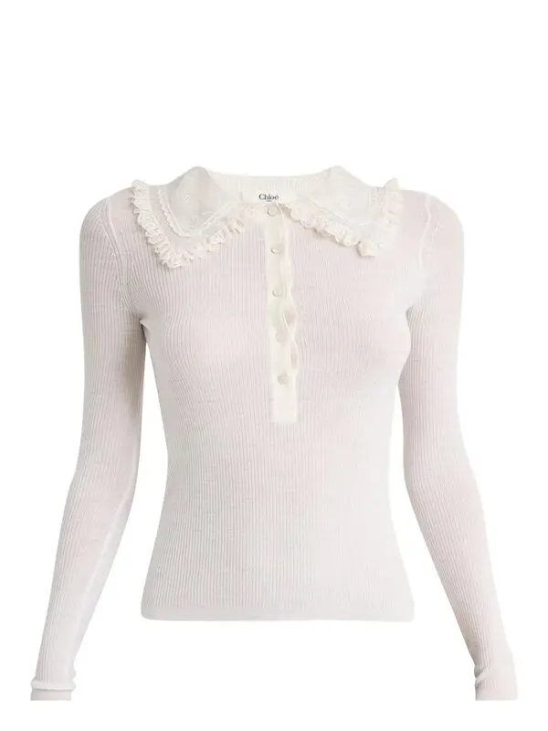 Chloé Lace-collar Ribbed Knit Top - Iconic Milk