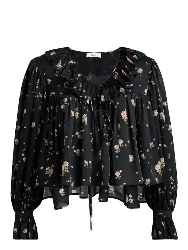 Chloé Floral Silk Ruffle Blouse - Black