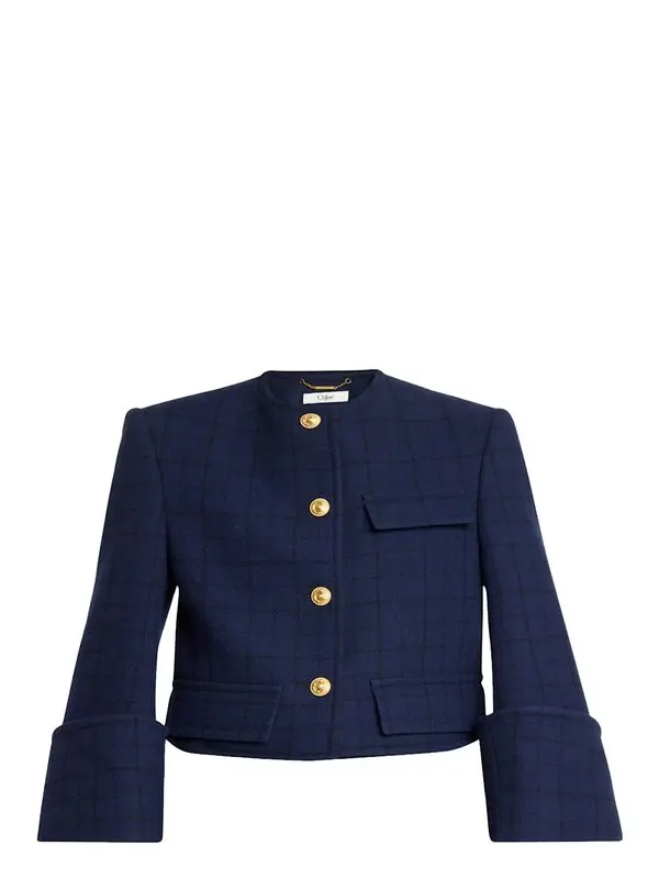 Chloé Lower Impact Wool Check Cropped Jacket - Dark Indigo
