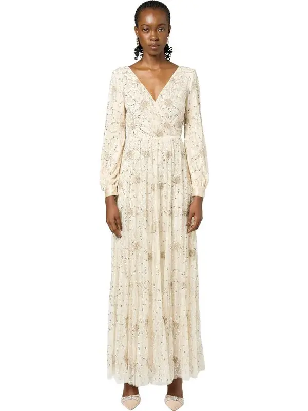 BEAUUT Embellished Sequin Beaded Maxi Dress - Cream