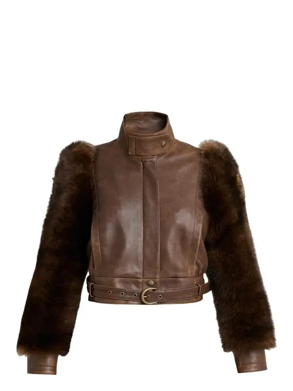 Chloé Leather Bomber Jacket With Faux Fur Sleeves - Bourbon Brown