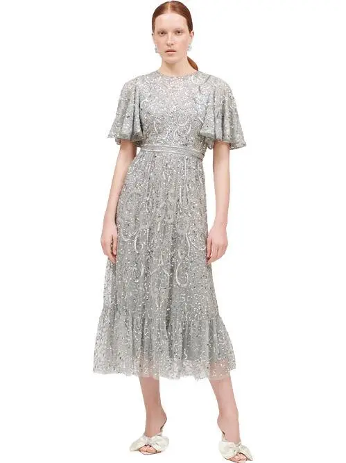 BEAUUT Embellished Sequin Beaded Midi Dress - Light Grey