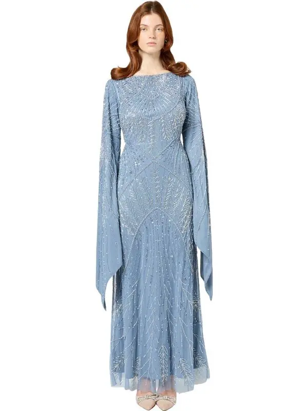 MARYISA Modest Embellished Sequin Beaded Maxi Dress With Long Sleeves - Powder Blue