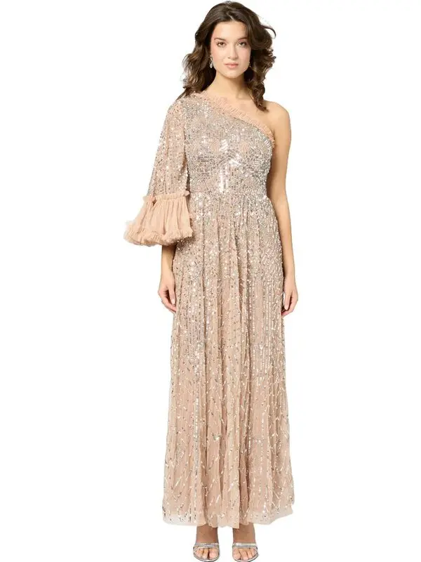 BEAUUT One Shoulder Sequin Maxi Dress - Taupe Blush