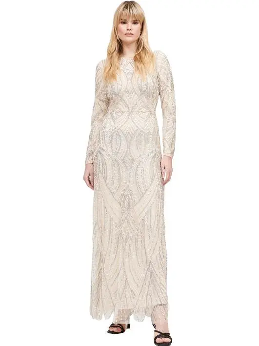 MARYISA Embellished Sequin Beaded Maxi Dress - Cream
