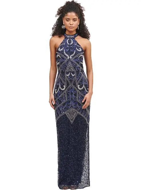 BEAUUT Halterneck Embellished Sequin Beaded Maxi Dress - Mid Night Blue