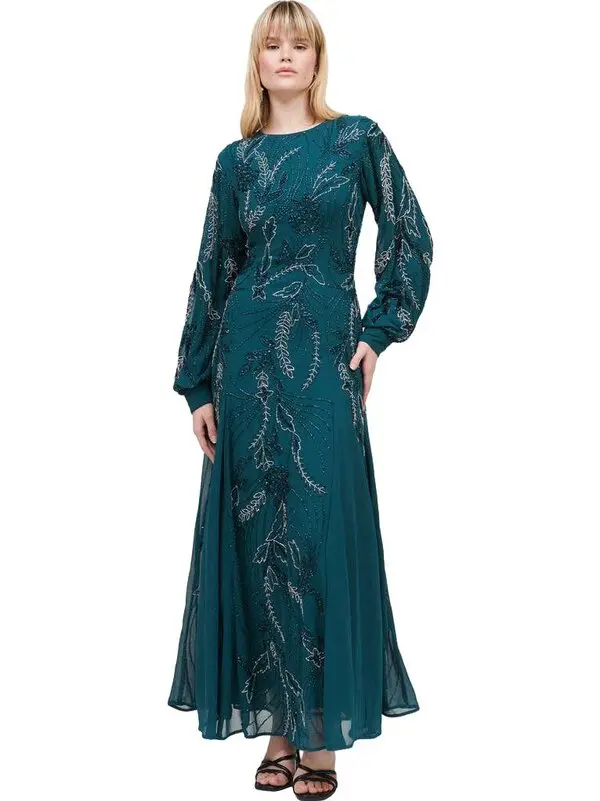 MARYISA Embellished Maxi Dress With Cuff Sleeves - Emerald Green