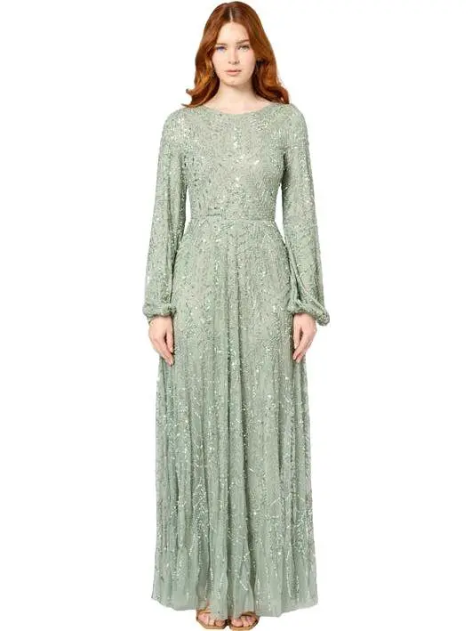 MARYISA Embellished Sequin Beaded Maxi Dress - Sage Green