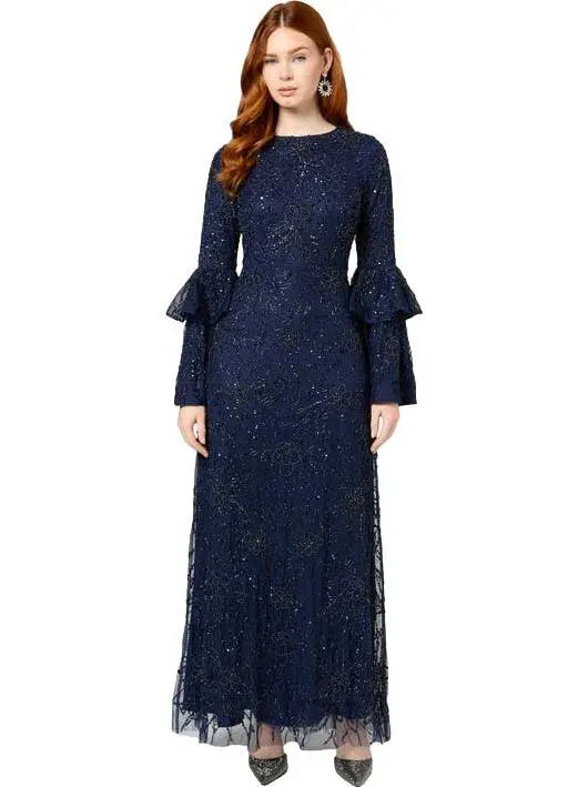 MARYISA Embellished Maxi Dress With Frilled Sleeves - Mid Night Blue