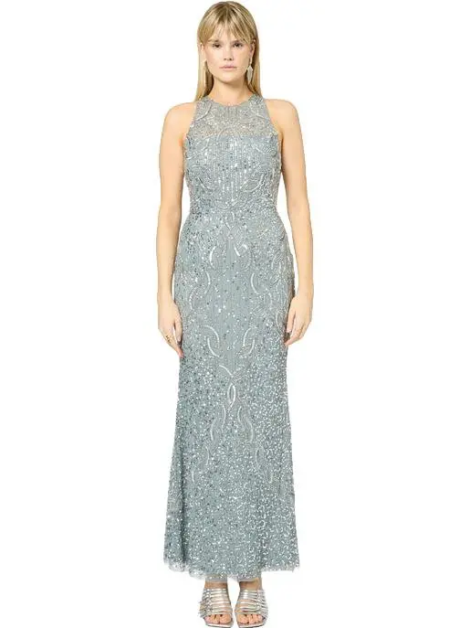 BEAUUT Embellished Sequin Beaded Maxi Dress - Misty Grey