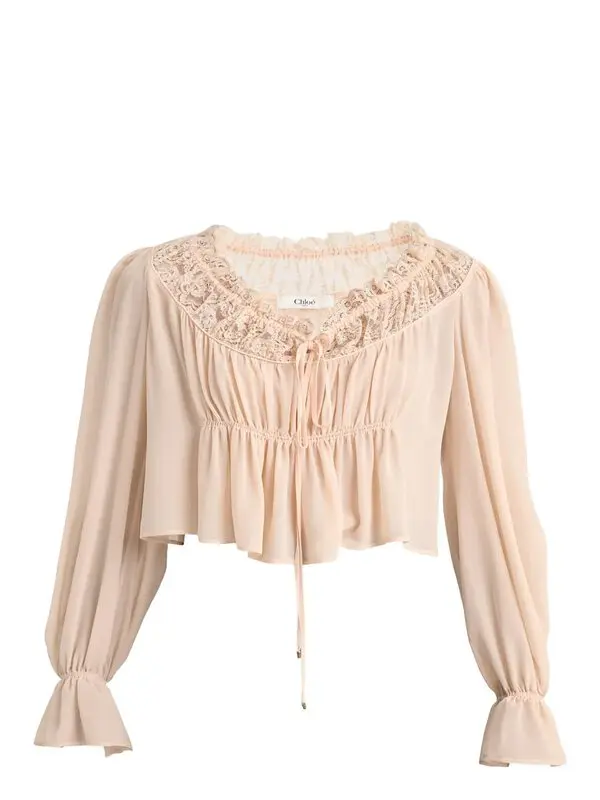 Chloé Ruched Lace Silk Peasant Blouse - Apricot Pink