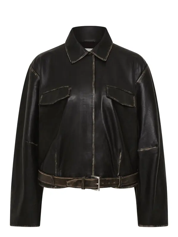 ST. AGNI Belted Brushed-leather Jacket - Black
