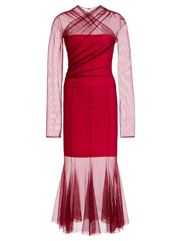 NENSI DOJAKA Draped Tulle Midi Dress - Burgundy
