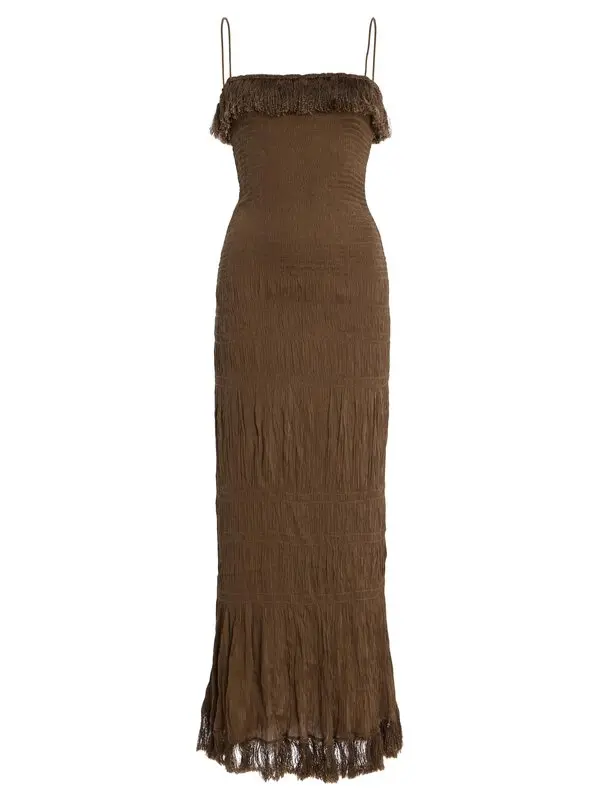 BY MALENE BIRGER Nova Fringe Smocked Satin Maxi Dress - Brown