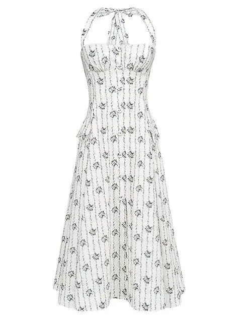 House Of Cb Daisy-print Stretch-cotton Midi Dress - Diasy Stripe Cream