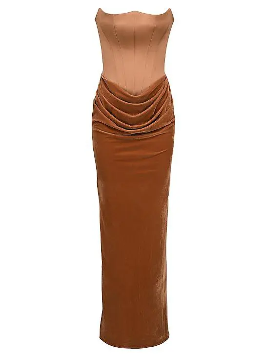 House Of Cb Fuller-bust Stretch-satin And Velvet Maxi Dress - Toffee Velvet