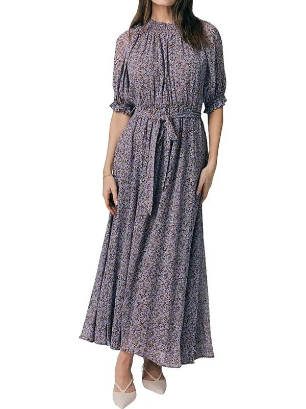 GHOST LONDON Effie Georgette Ditsy Midi Dress - Purple Dot Flowers