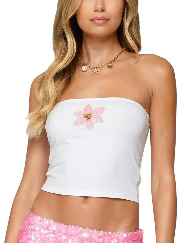 EDIKTED Luli Beaded Flower Tube Top - White